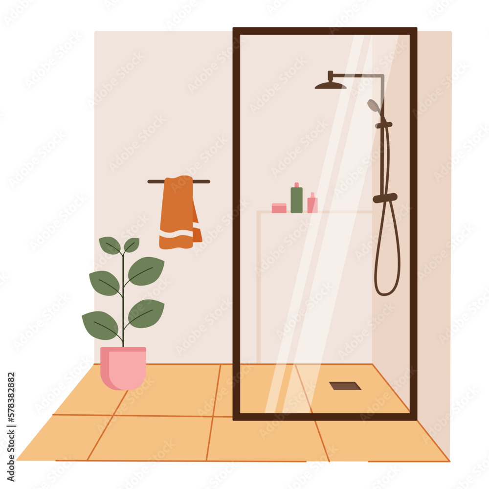Glass shower cabin, bathroom interior design. Bath cabinet, a towel on ...