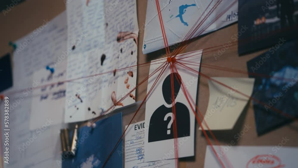 Crime scene photos, fingerprints, paper notes on evidence board ...