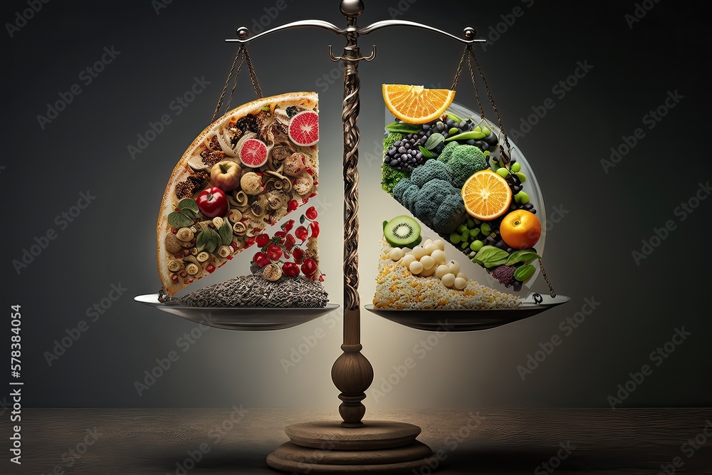 Scales with healthy food and fast food. Veganism, healthy lifestyle ...