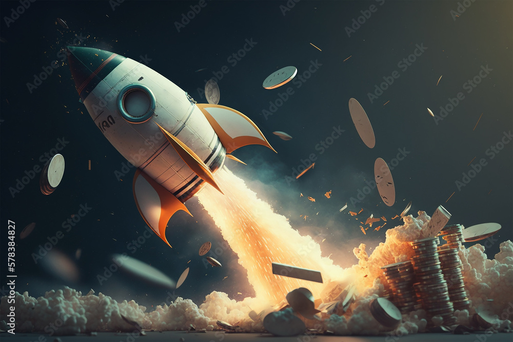 Rocket flying up, coins falling out of the rocket. Generative ai Stock ...
