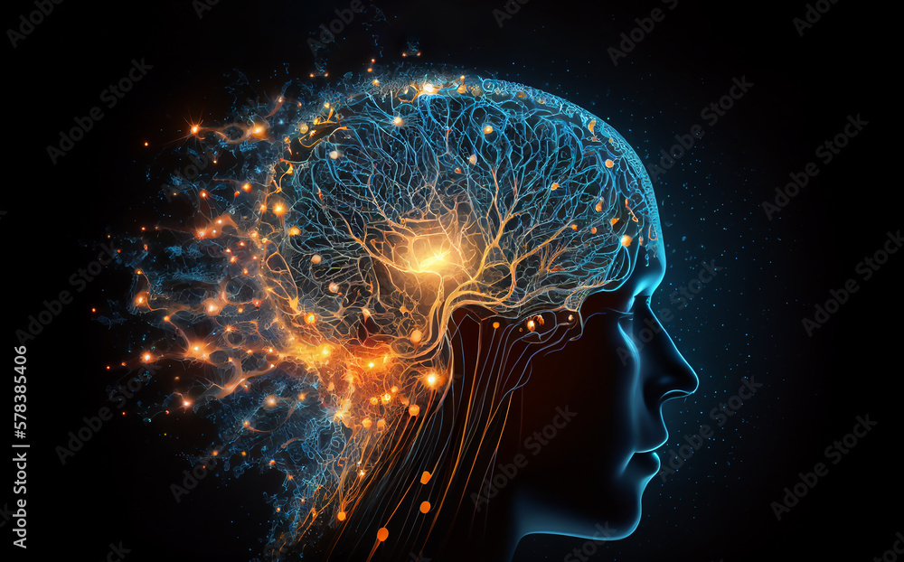 Human head with a glowing brain map in the middle of it's head on dark ...