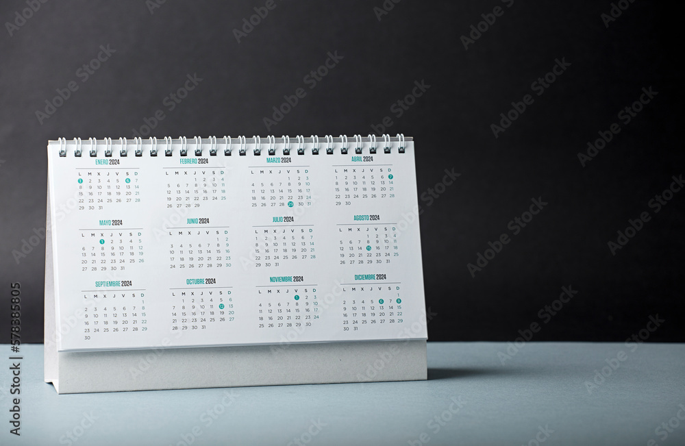 table calendar with year 2024 and days, with black background on the ...