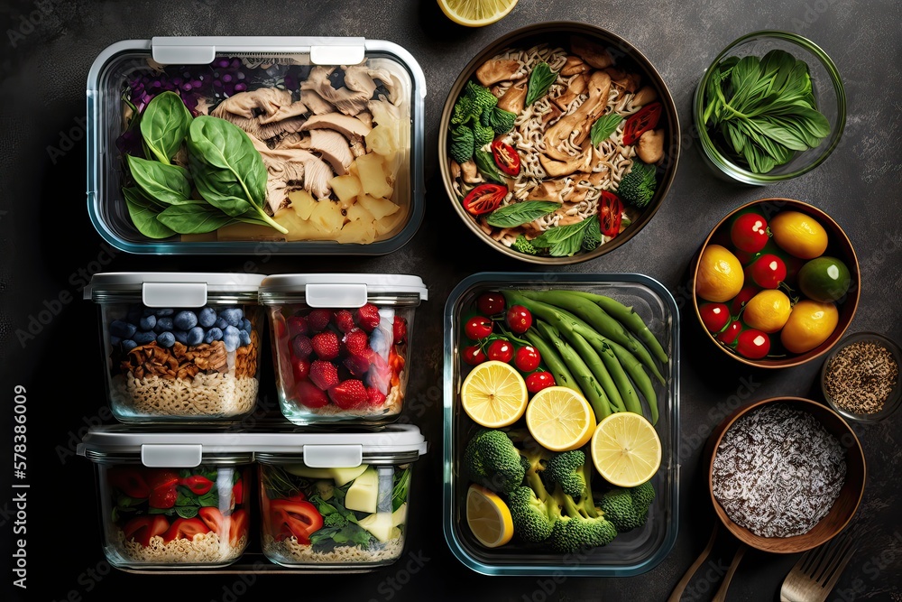 Healthy food served in small containers. Meal prep, portion control ...