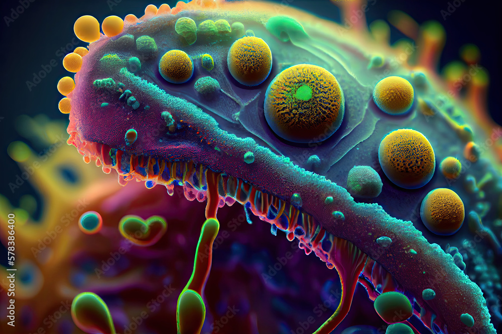 Realistic film-style close-up color images of microscopic bacteria ...