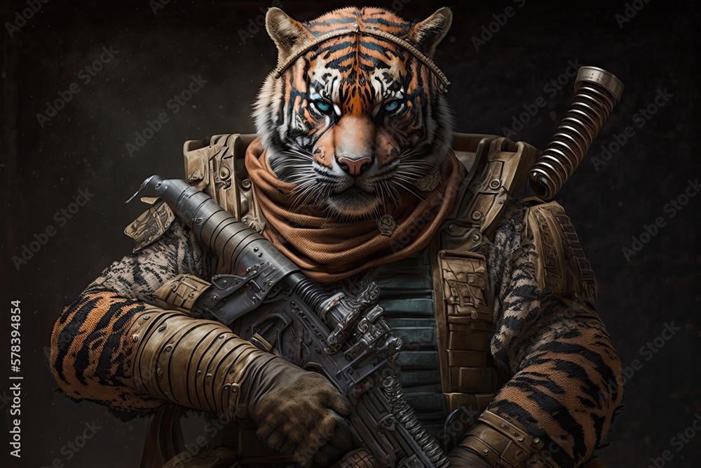Tiger dressed as a warfare soldier holding a gun. Generative AI. Stock ...