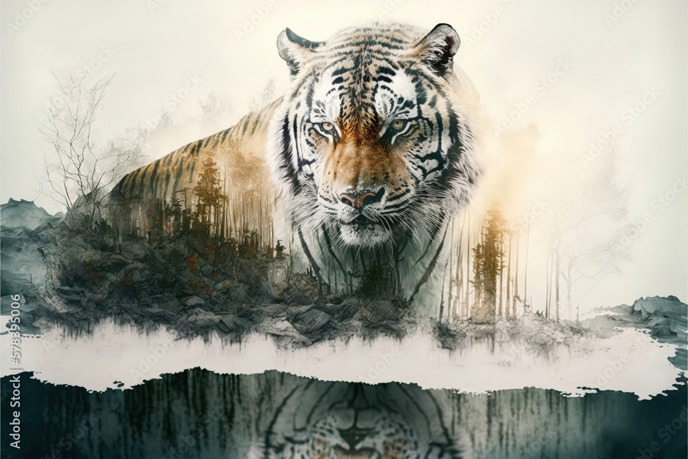 Striped bengal tiger in double exposure merge its head with wondrous ...
