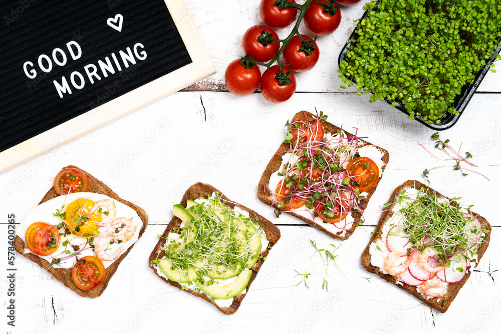 Varied breakfast, appetizer wholegrain bread sandwiches, toasters with ...