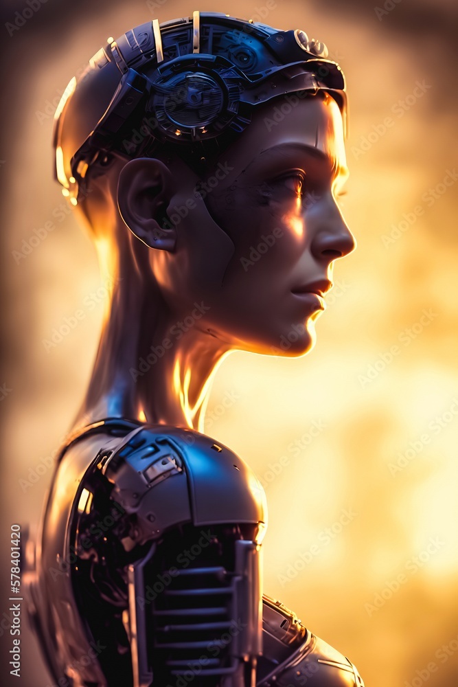 Portrait of Beautiful android woman with scfi steel body augumentation ...