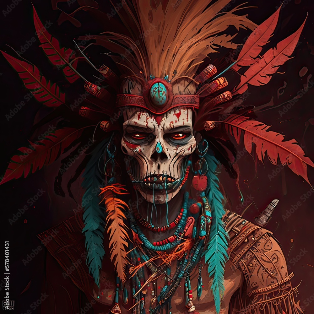 Voodoo shaman in traditional makeup with feathers in his hair. magic ...
