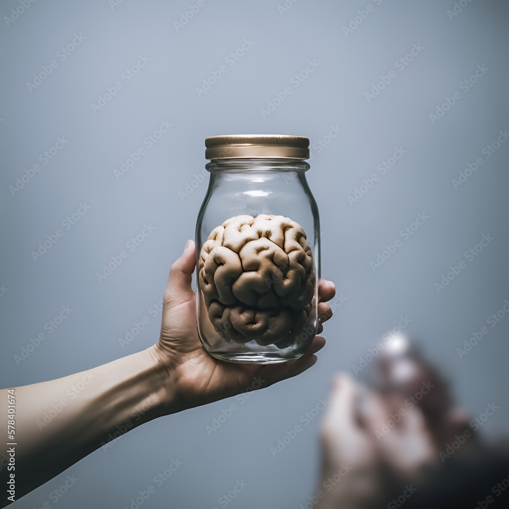 A human brain enclosed in a glass jar. Brain in the pot. Concept image ...