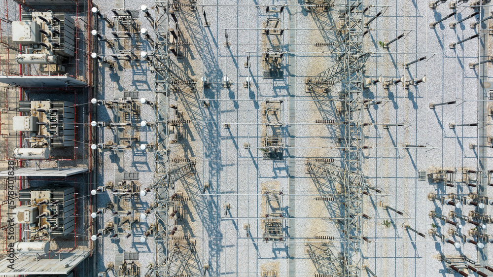 Aerial view substation with transformer high voltage electric power ...