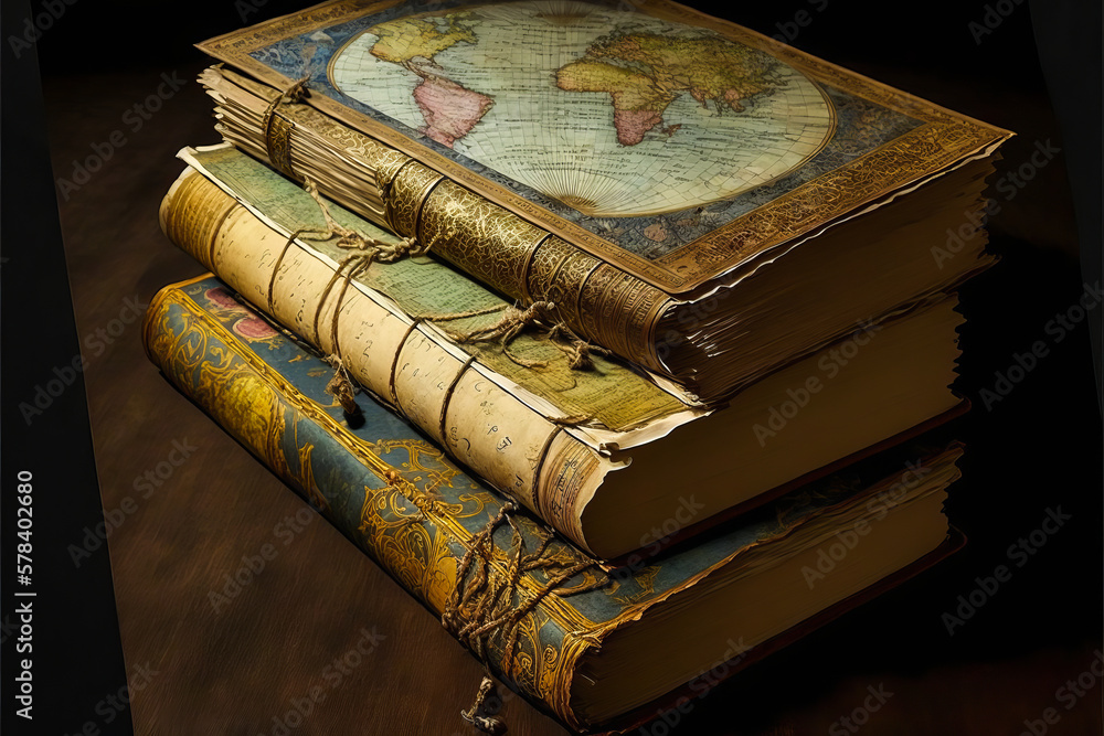 Old atlases from the 18th century. Damaged books with world maps, for ...