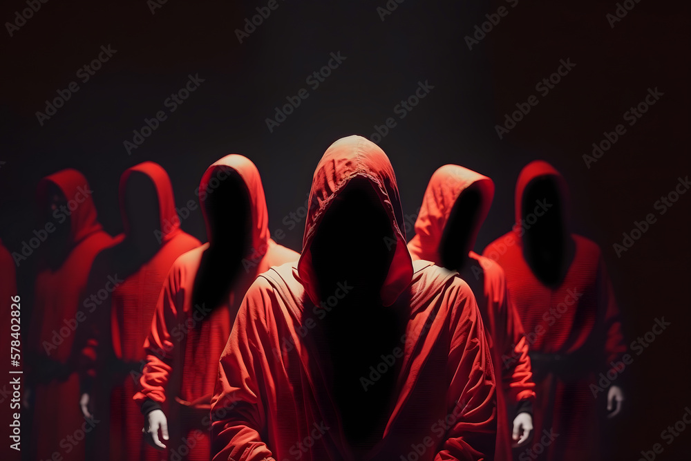 Concept devil cult ceremony, evil rite to hell. Cultists in hooded red ...