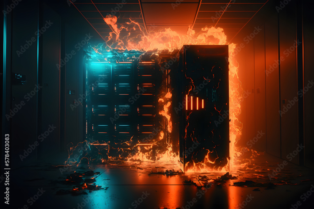 Burning server room. Data center supercomputer technology in fire ...