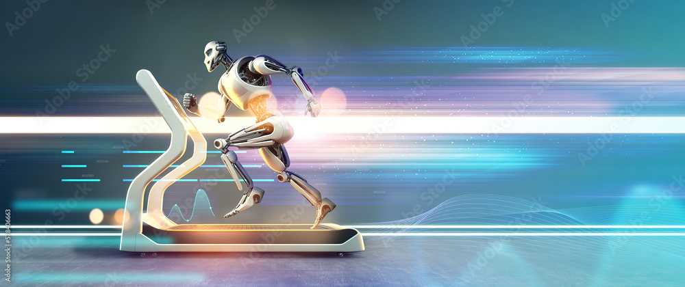 futuristic humanoid robot running on gym treadmill for concepts of AI ...