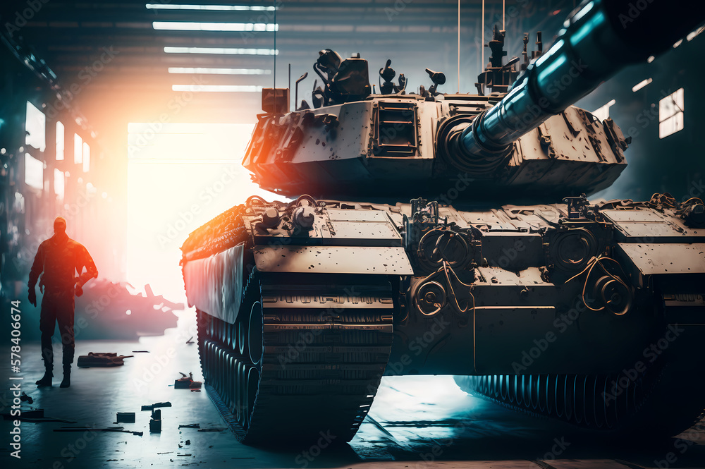 Modern Military battle tank getting ready on mission, sunlight. Modern ...