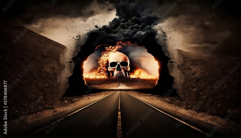 Road to Hell Fire Flame at Horizon with Skull Gate Illustration ...