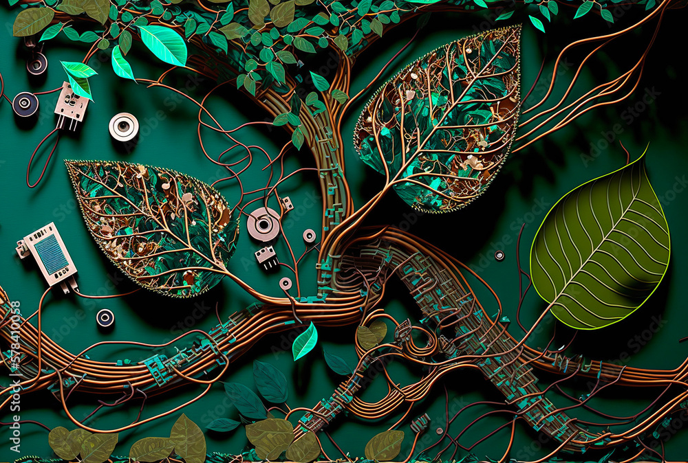 Printed circuit mixed with tree veins and leaves. Technology copying ...