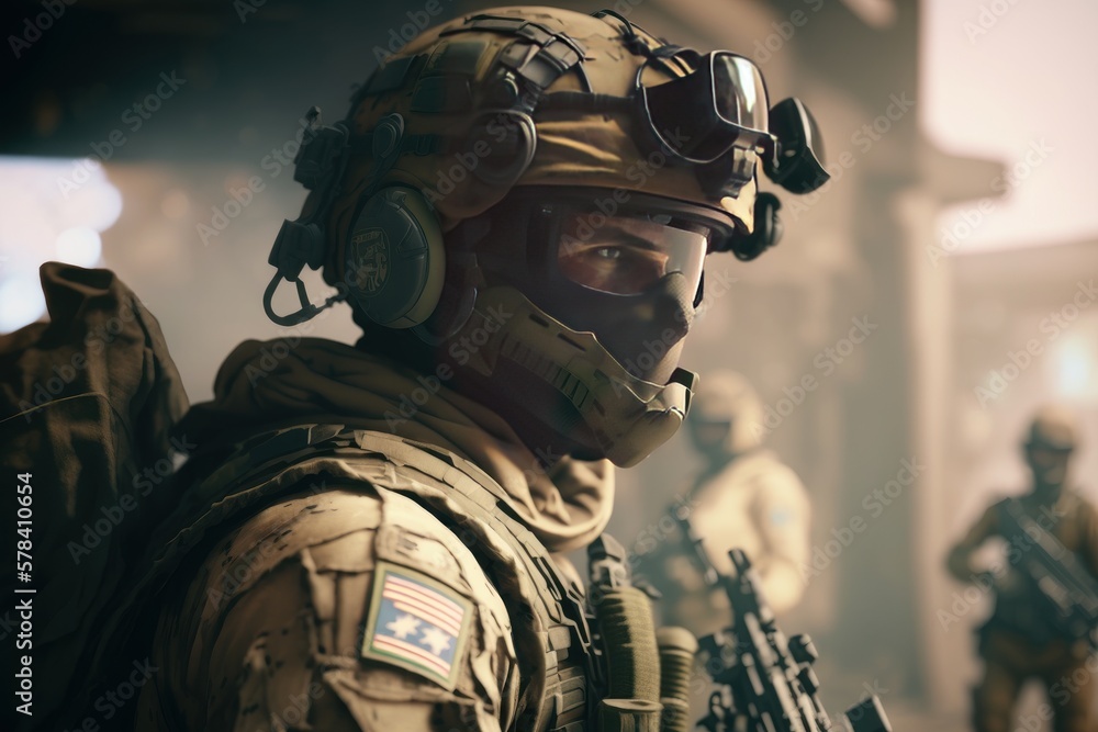 Side view. Military soldier in professional equipment on the battlefied ...