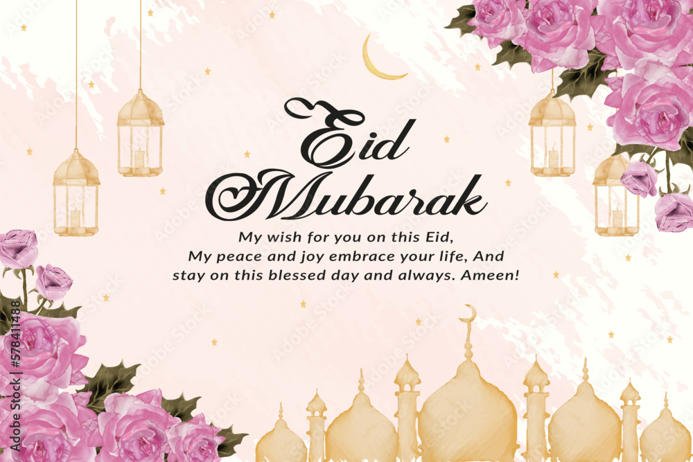 Eid Mubarak card design with watercolor pink roses mosque lamp moon ...