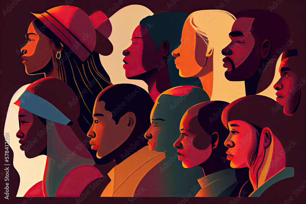 Diverse people, multiracial, multicultural crowd of men and women, side ...