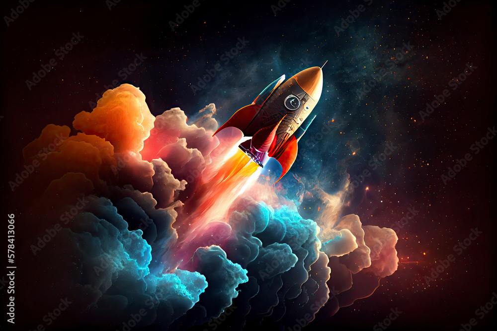 Rocket spaceship blasting off into outer space stars nebula ...