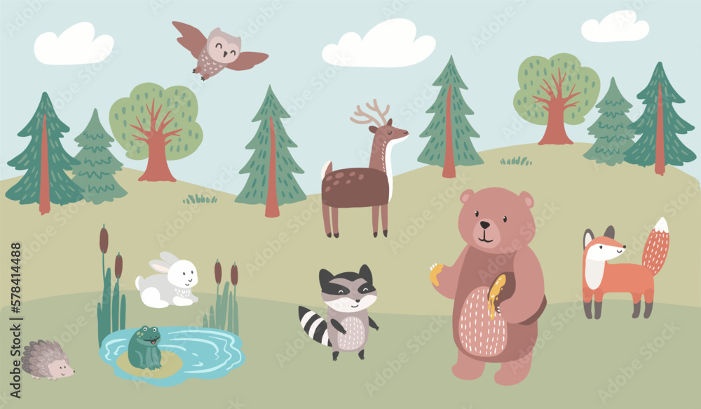 Cute forest scene with animals and landscape, vector hand drawn art ...