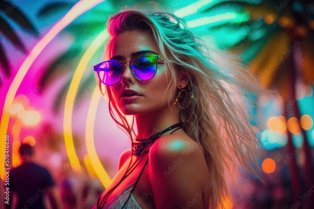 Attractive girl clubbing at the hot summer dance party. Neon light ...