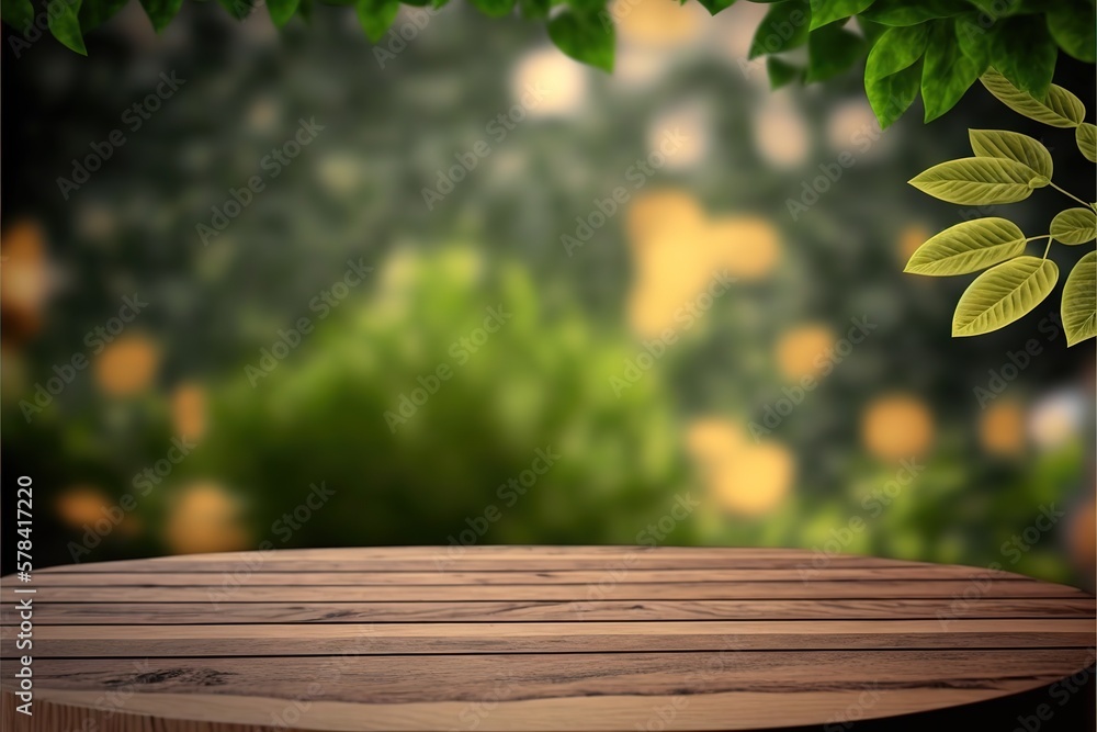 The wooden tabletop table on abstract blur leaves background, panoramic ...