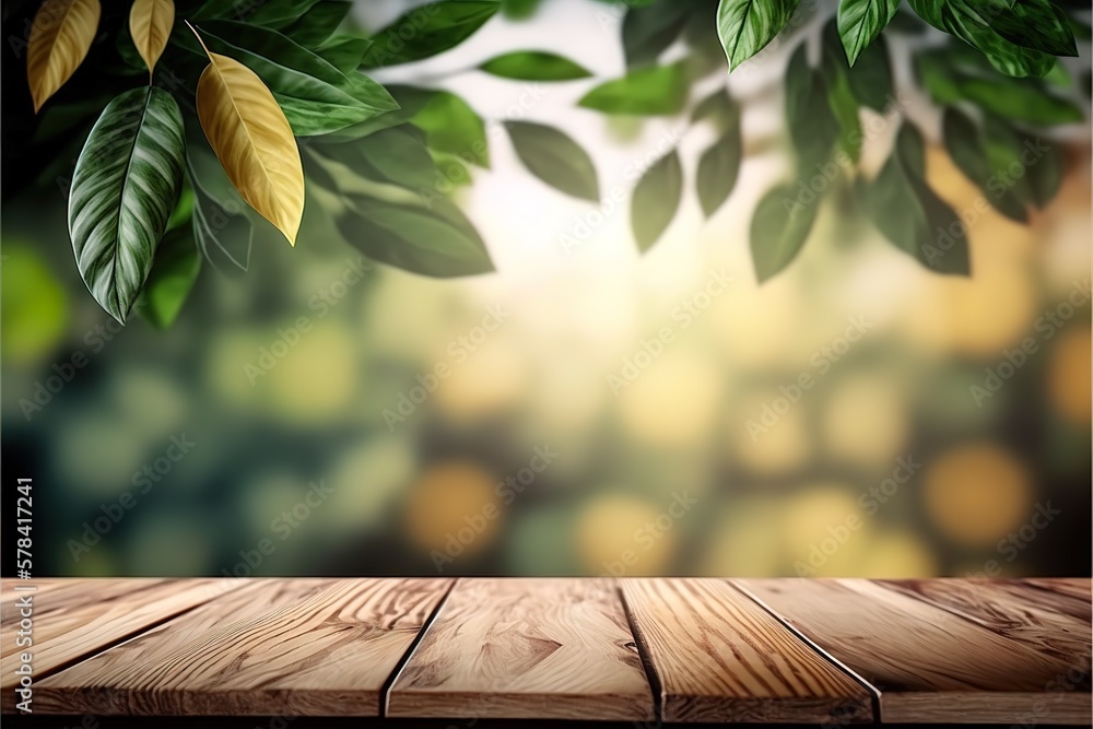 The wooden tabletop table on abstract blur leaves background, panoramic ...