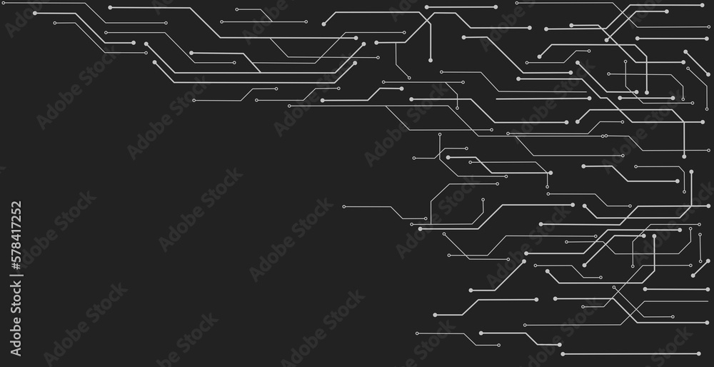 Abstract black background with lines and dots. Drawn electronic board ...