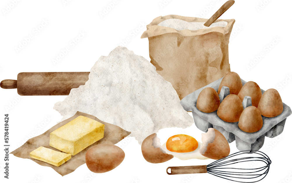 Watercolor baking ingredients composition. Hand drawn flour, eggs ...