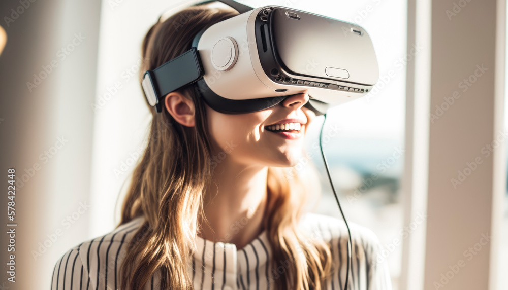A gamer immersed in a virtual reality game, wearing a sleek VR headset ...
