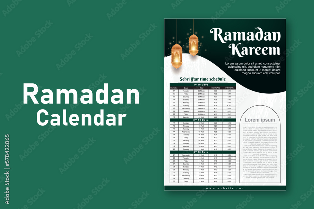 Ramadan Kareem Islamic calendar template and sehri ifter time schedule ...