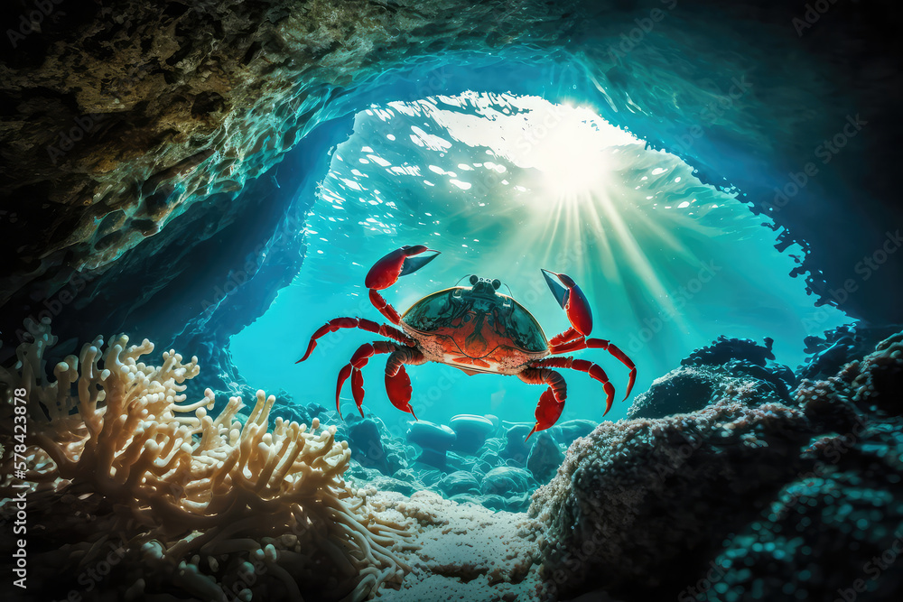 Underwater closeup picture of the crab and sunlight in the ocean coral reef (ai generated ...