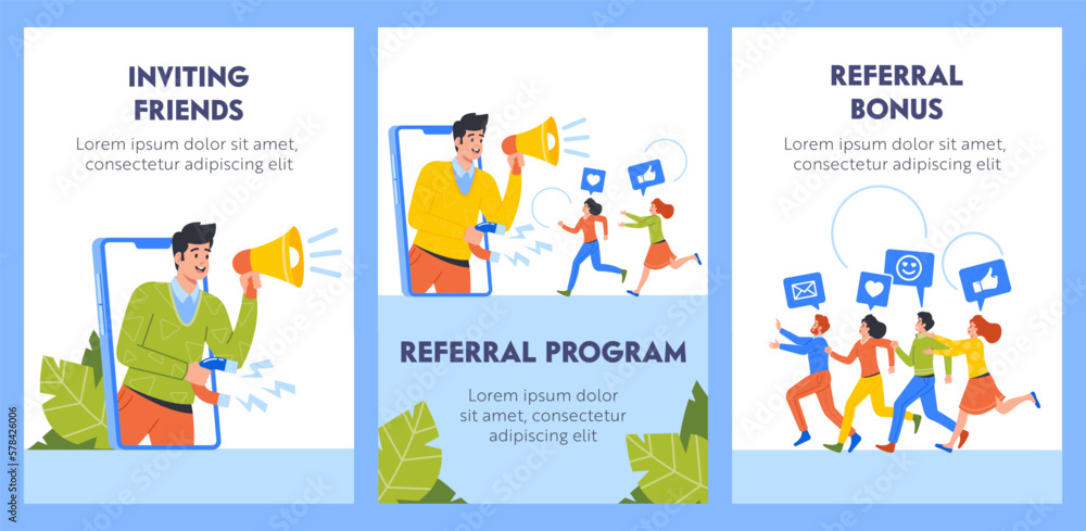 Referral Program Business Banners. Salesman Character Shouting to ...