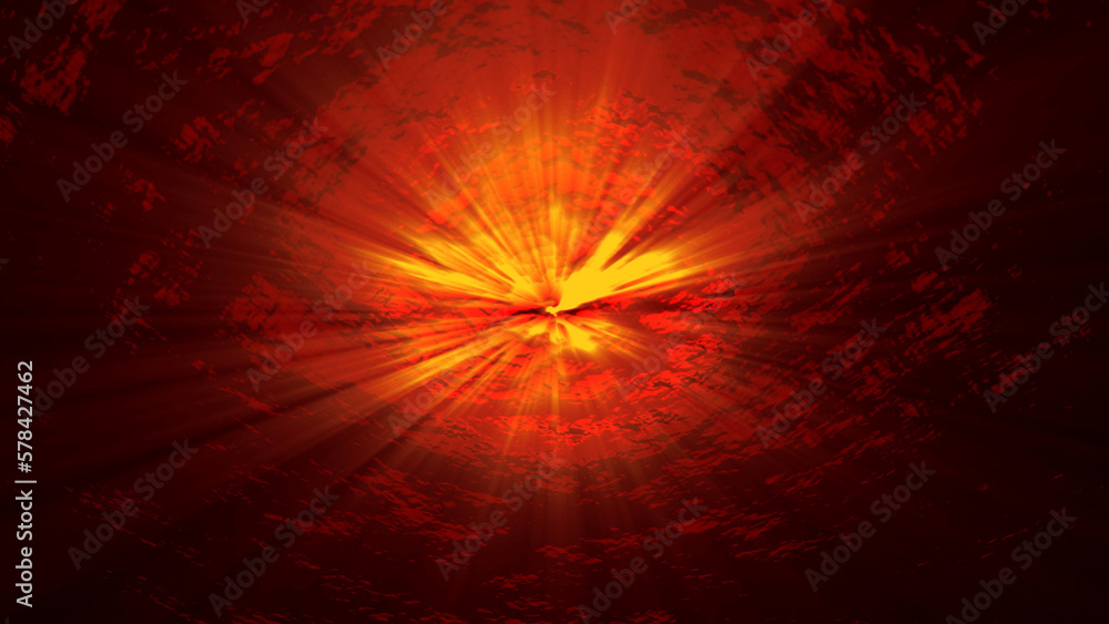 3d rendering, Underwater view of red sun with rays and rippling waves ...
