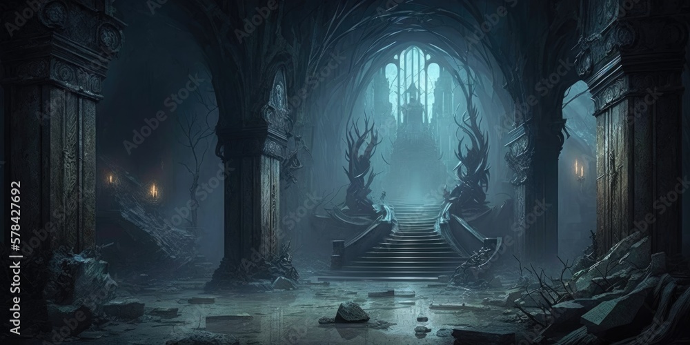 Misty mountain carved cave chamber with mysterious underworld entrance ...