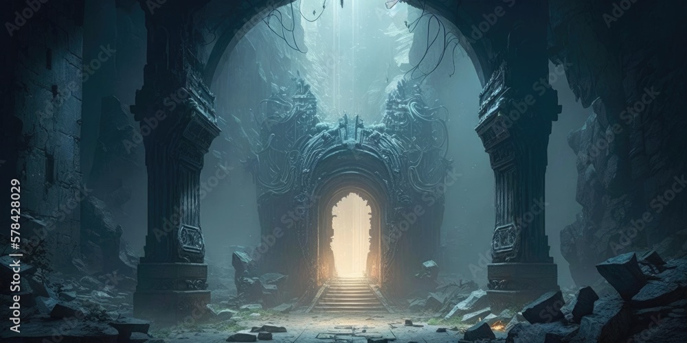 Misty mountain carved cave chamber with mysterious underworld entrance ...