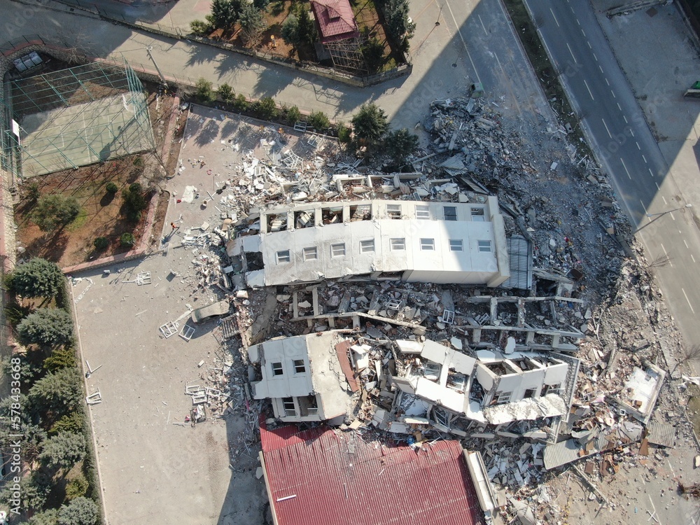 Drone point of view. Buildings toppled and destroyed in the earthquake ...
