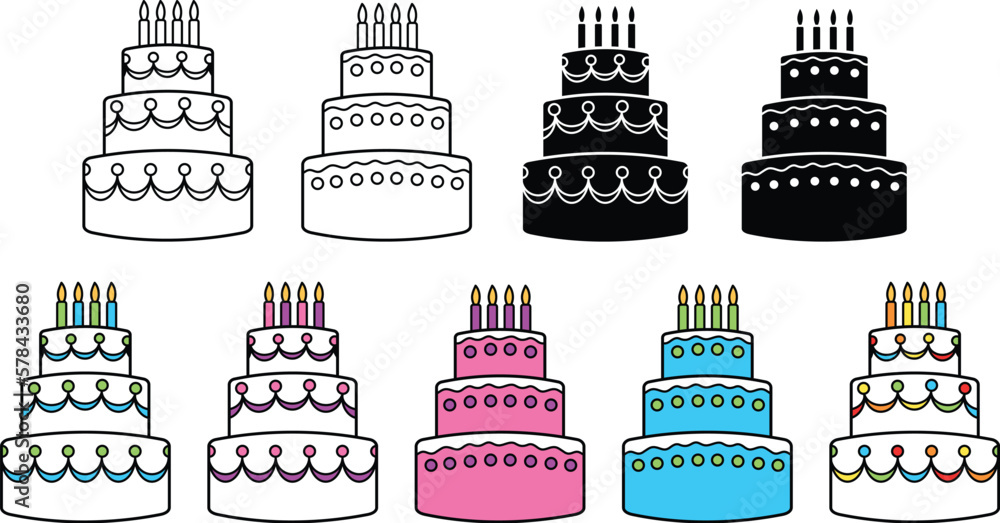 3 Tier Birthday Cake Clipart Set - Outline, Silhouette & Color Stock ...