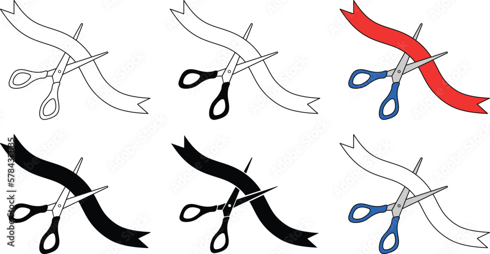 Ribbon Cutting Clipart Set - Outline, Silhouette & Color Stock Vector ...