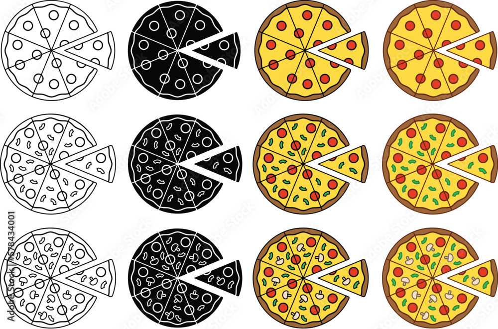 Sliced Pizza Clipart Set - Outline, Silhouette and Color Stock Vector ...