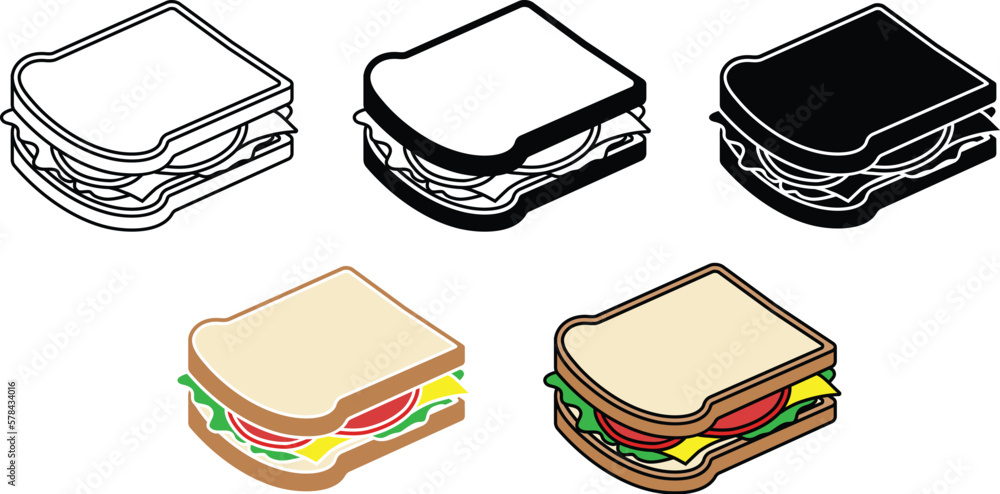 Sandwich Clipart Set - Outline, Silhouette and Color Stock Vector ...