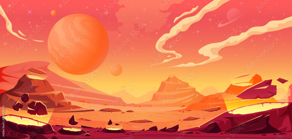 Vector illustration Mars surface landscape, the mysterious red planet ...