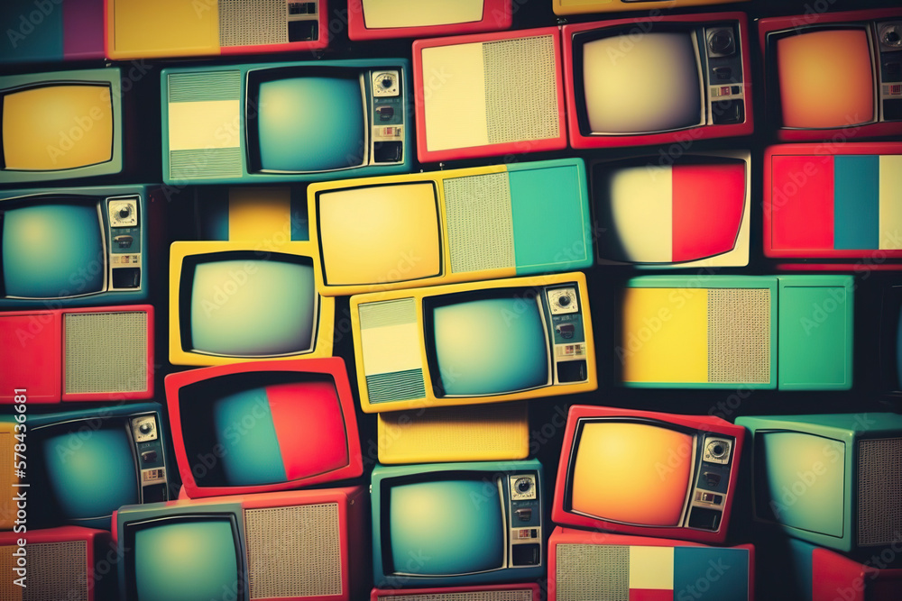 Pattern wall of pile colorful retro television tv, concept of Vintage ...