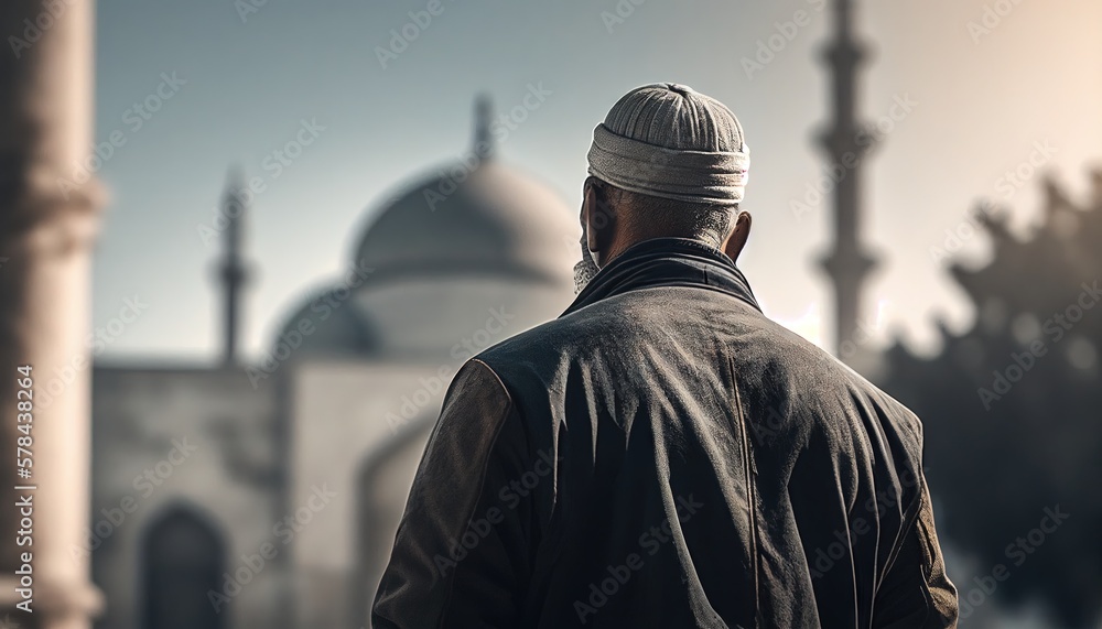 Back view of a Religious Muslim man praying, a Mosque in the background ...