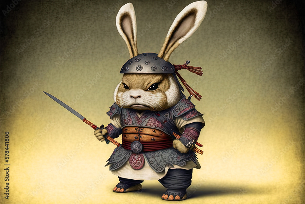 Rabbit samurai in traditional drawing style. Japanese styled art with ...