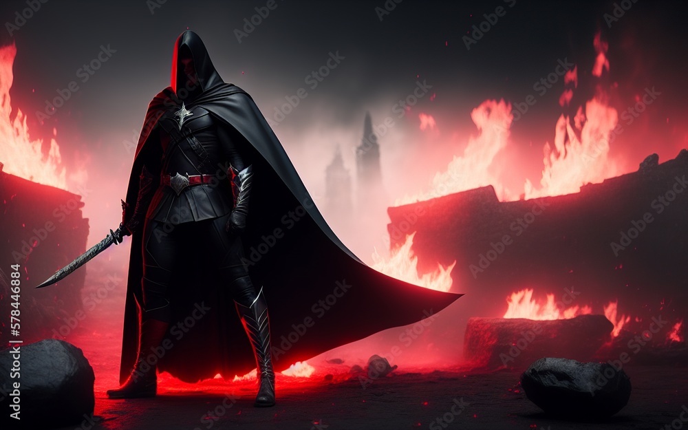 supervillain in black cape suit with hood, with sword in hand, with ...