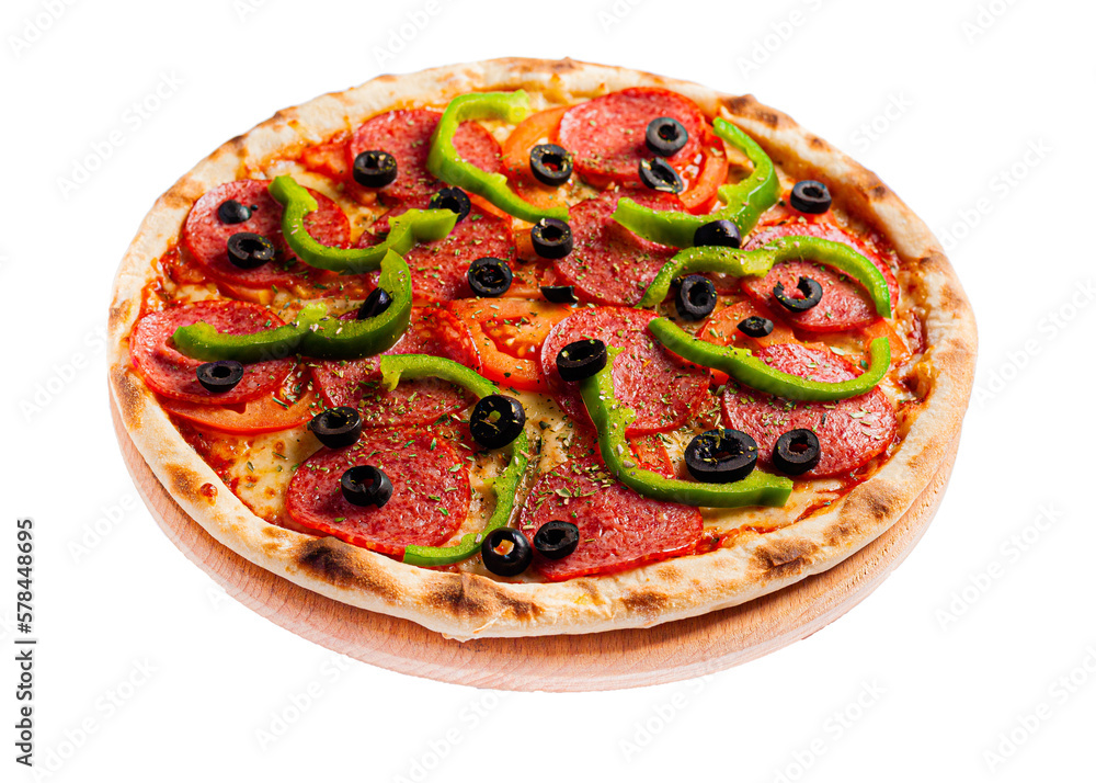 Appetizing pizza on the board on the side view on a transparent ...
